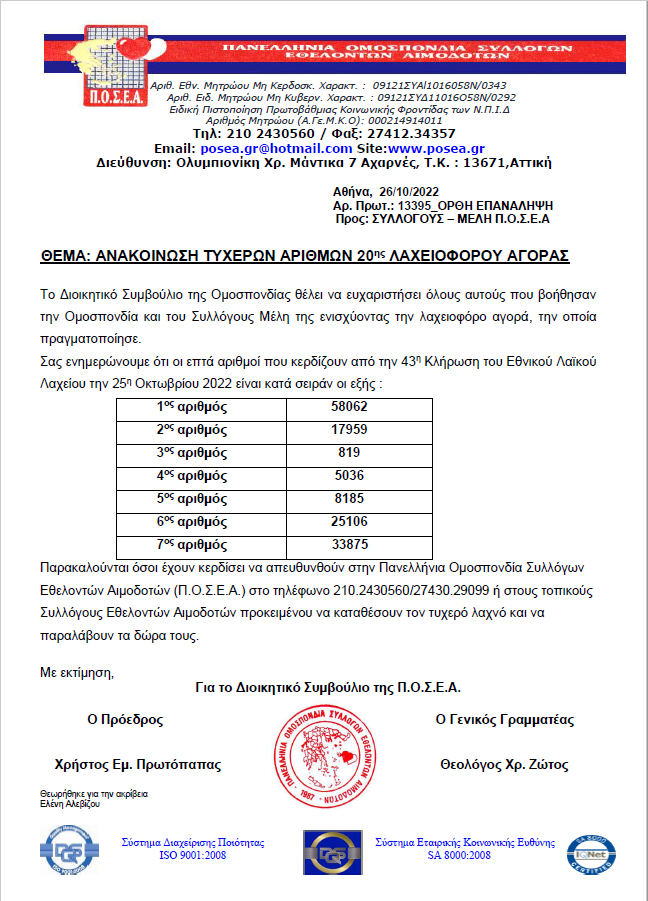 ΑΝΑΚΟΙΝΩΣΗ ΤΥΧΕΡΩΝ ΑΡΙΘΜΩΝ 20ης ΛΑΧΕΙΟΦΟΡΟΥ ΑΓΟΡΑΣ - ΠΟΣΕΑ